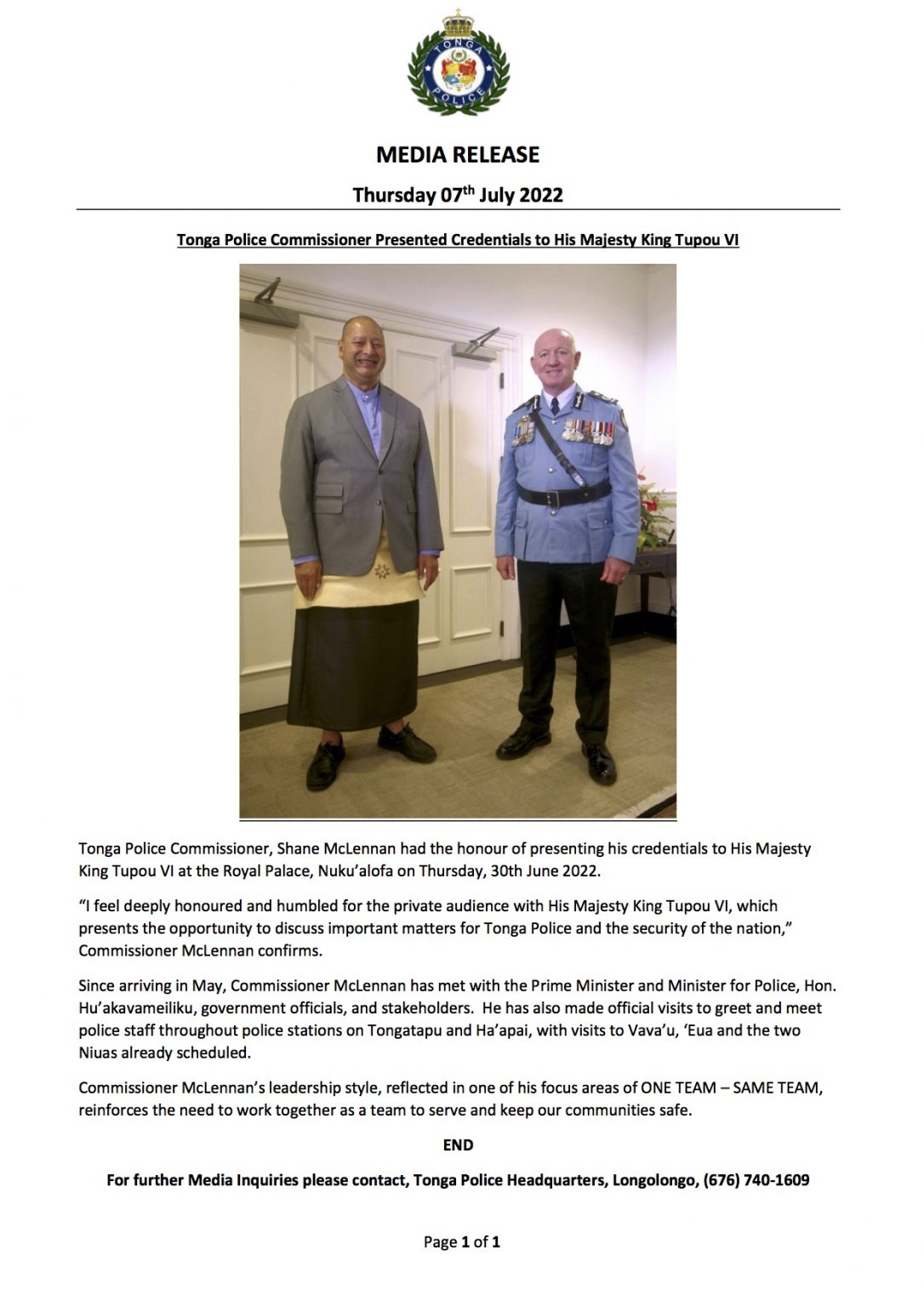 Tonga Police Commissioner presented credentials to His Majesty King ...